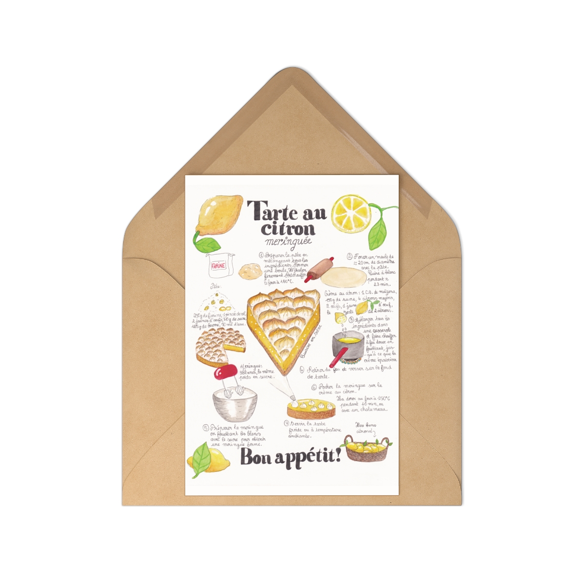 Cartes postales recette illustrée "Tarte au citron meringuée" (7 pcs ...